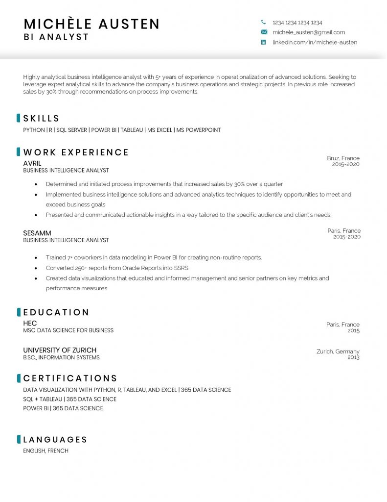 Business Intelligence Analyst Resume Sample And Template 365 Data Science Business Intelligence Analyst Resume Sample And Template 365 Data Science